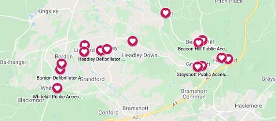 Map for Bordon defibrillators created by first aider | farnhamherald.com
